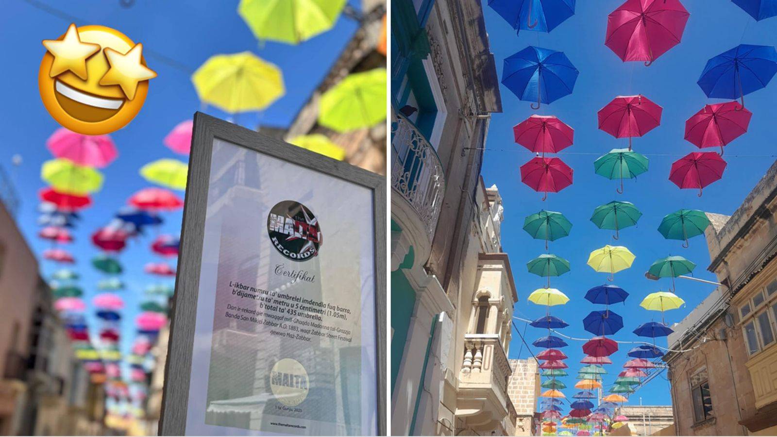 Raining records! Zabbar street sets new record with 435 colourful umbrellas